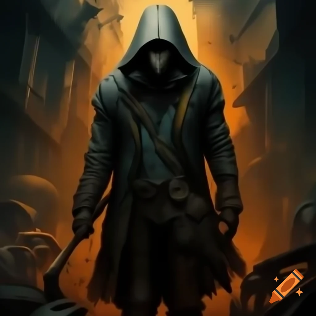 Man in hooded attire holding an axe in apocalyptic setting on Craiyon