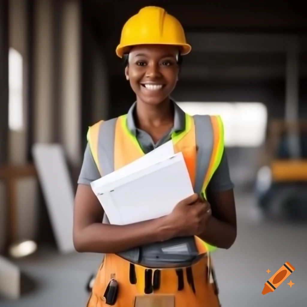 Female African engineer in construction uniform proudly holding design paper on Craiyon