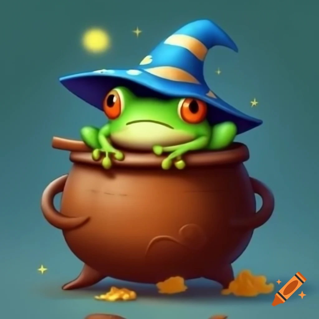 Frog in wizard hat sitting in cauldron on Craiyon