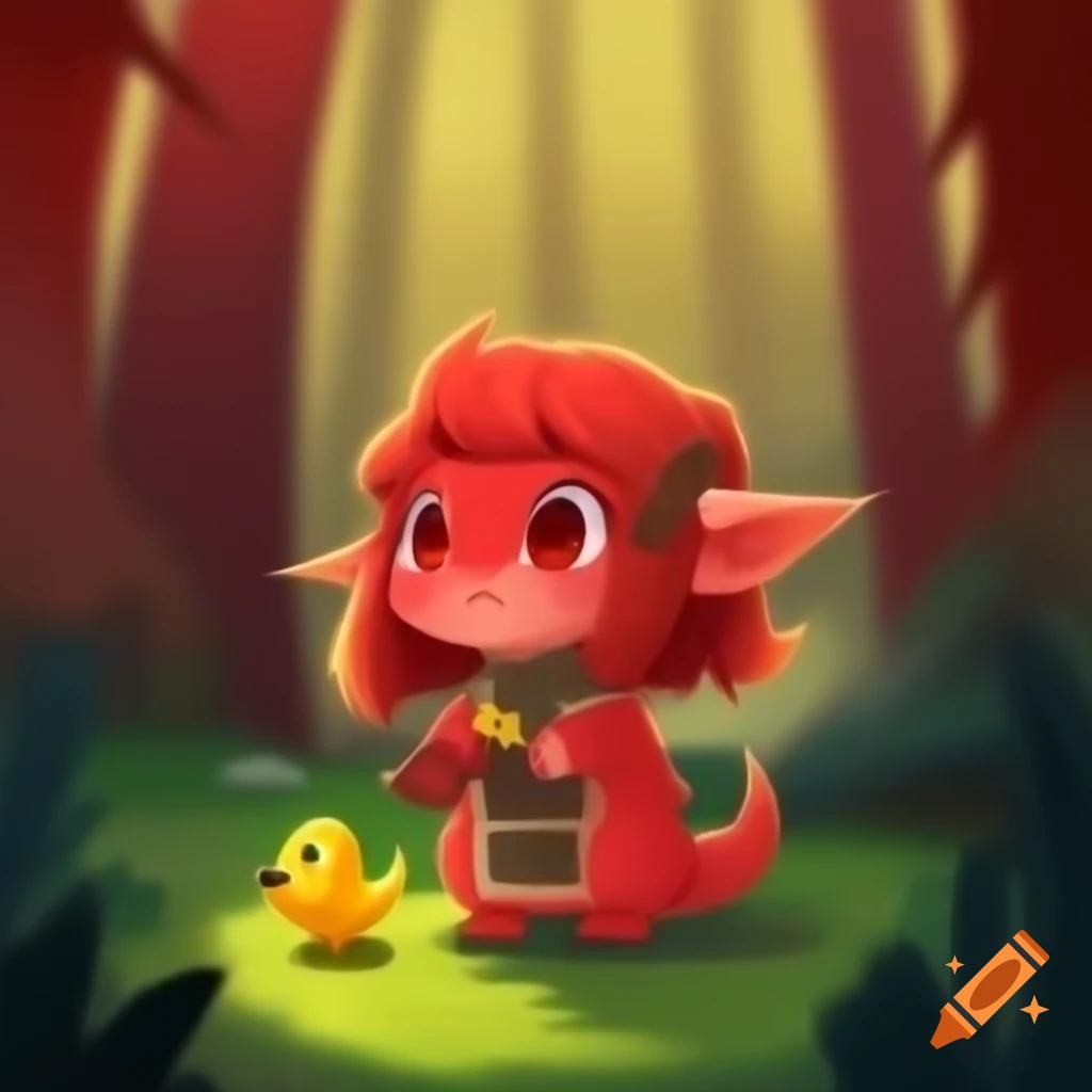 Red Dragonborn woman druid in forest with yellow duck sidekick on Craiyon