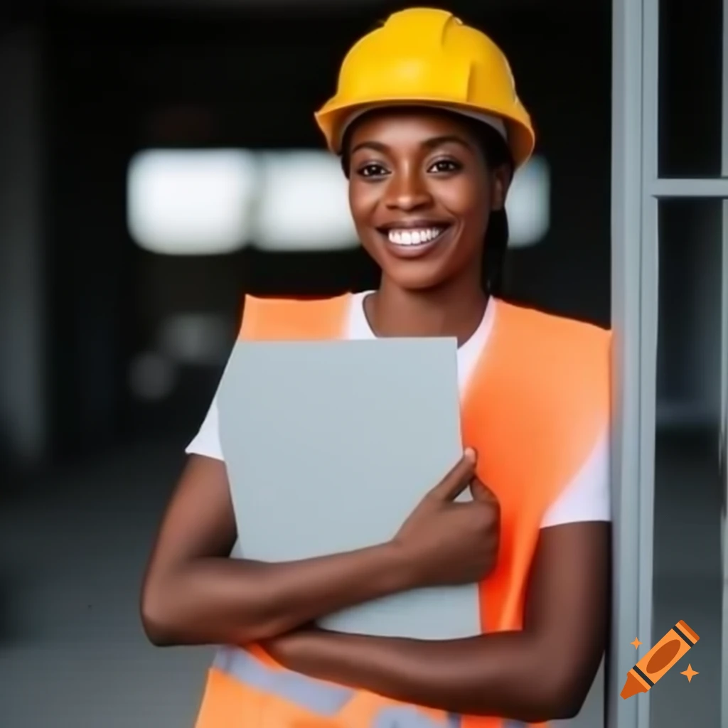 Female African engineer in construction uniform proudly holding design paper on Craiyon