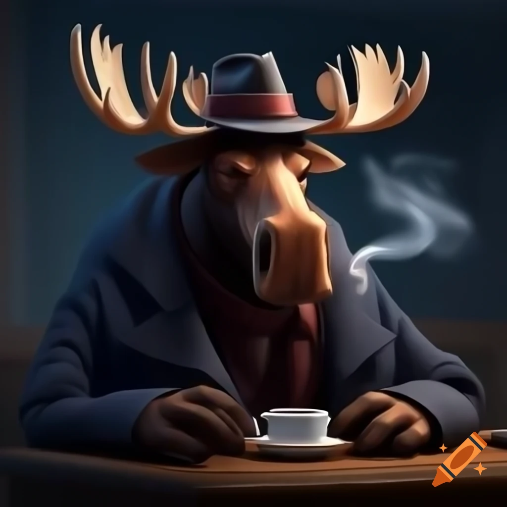 Anthropomorphized moose anime detective with a melancholic expression ...