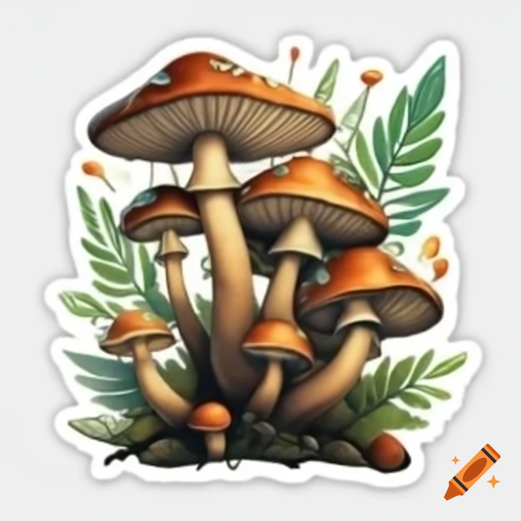Sticker pack featuring forest core style mushrooms and leaves on Craiyon
