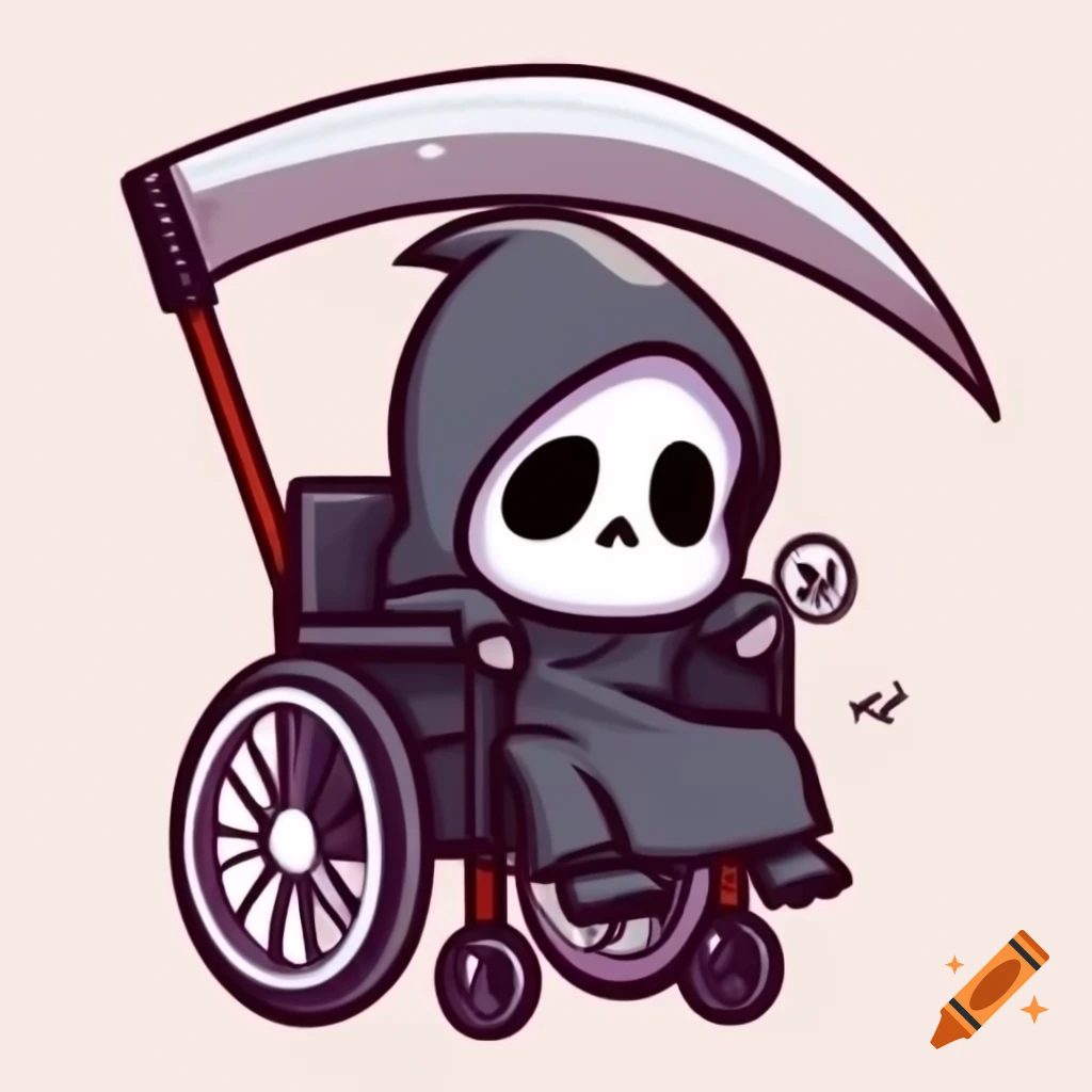 Cute chibi style Grim Reaper in wheelchair with scythe, simple lines on ...