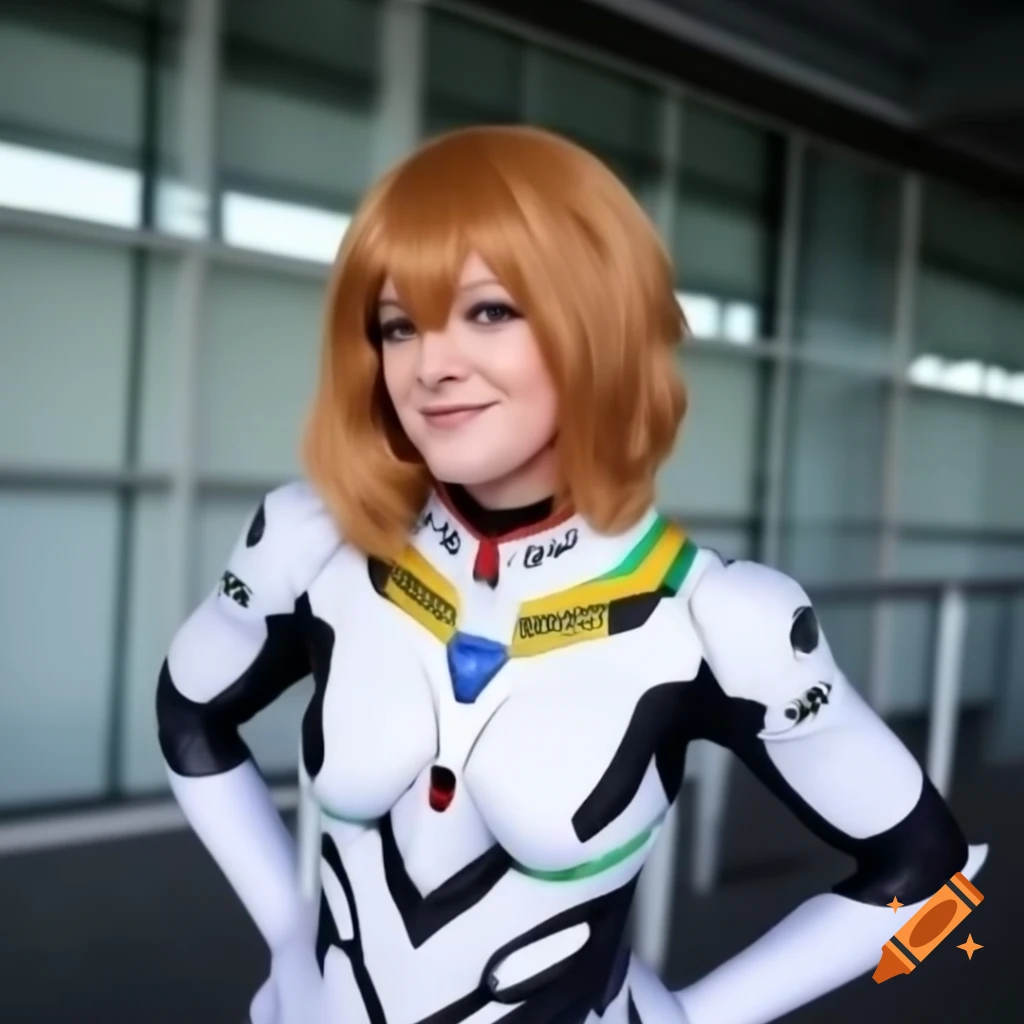 Kelly Clarkson in Evangelion Rei cosplay wearing white suit on Craiyon