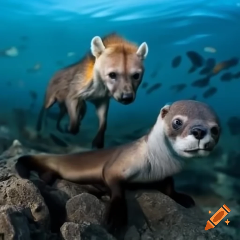 Hyena and otter swimming in the sea with fish on Craiyon
