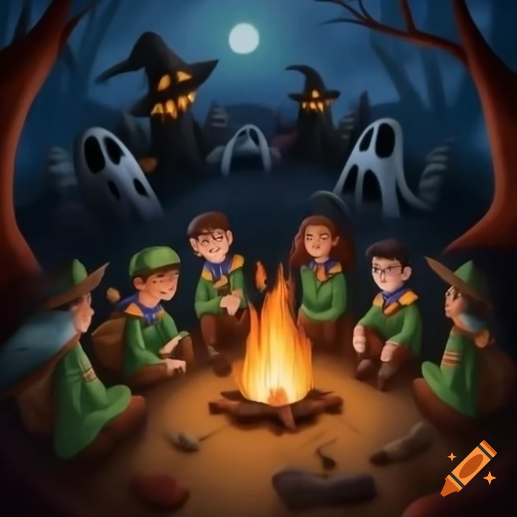 Scouts in green uniforms around haunted campfire with ghosts and ...