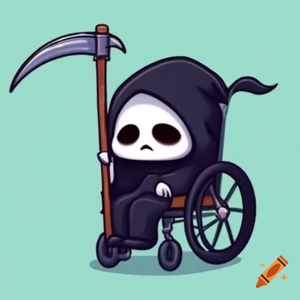 Cute chibi style Grim Reaper in wheelchair with scythe, simple lines on ...