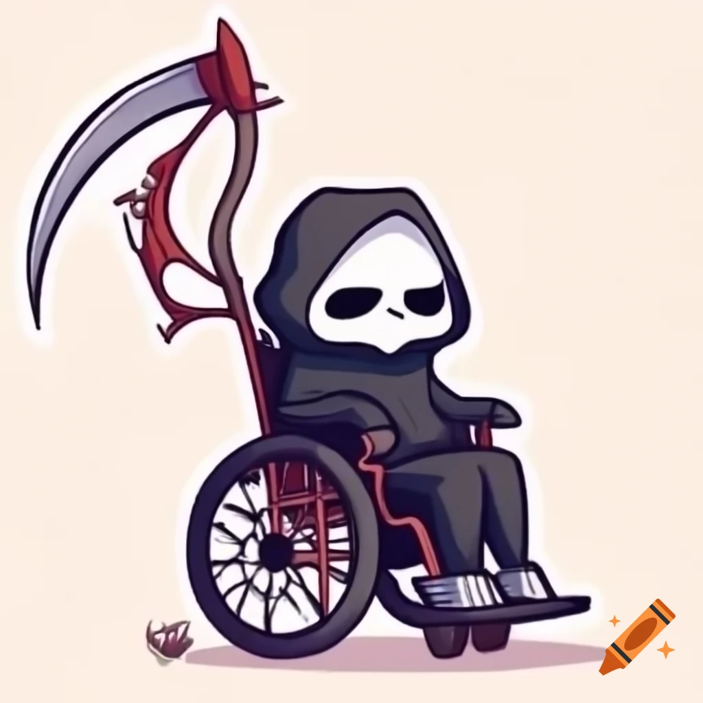 Cute chibi style Grim Reaper in wheelchair with scythe, simple lines on ...