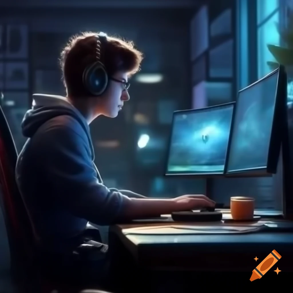 Person studying at dual monitor setup with notebook on Craiyon