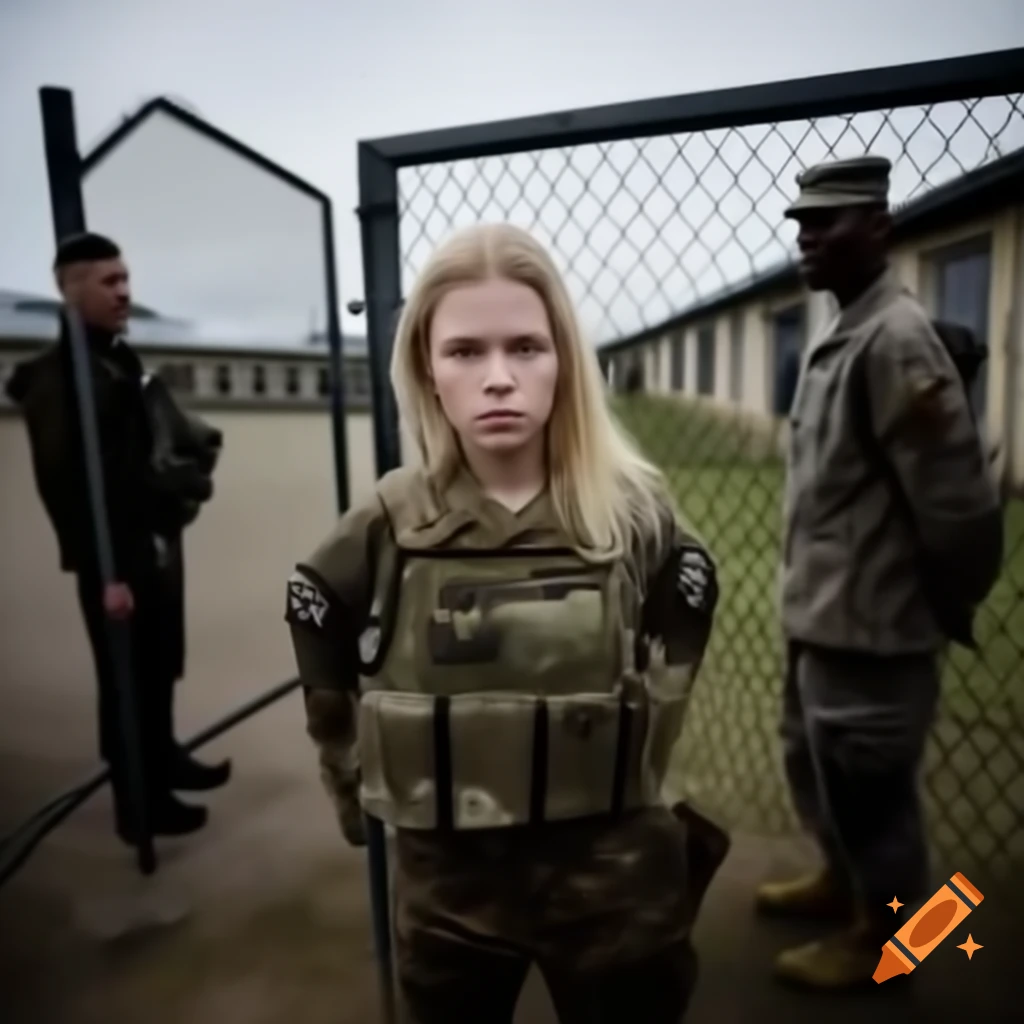 Blonde woman soldier guarding fenced terrain with barracks and arrested ...