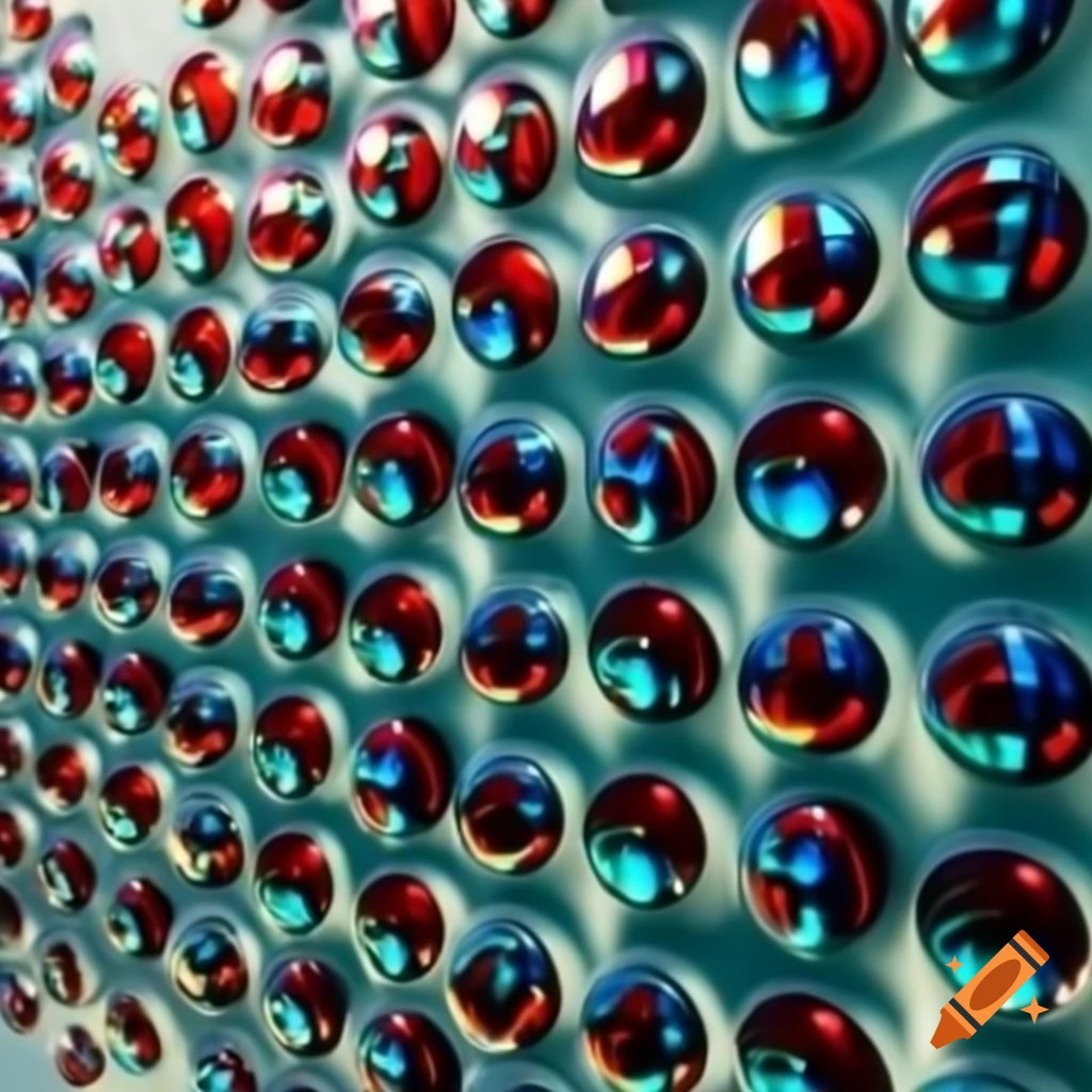 Iridescent bas-relief glass sculptures with red and teal faces on wall ...