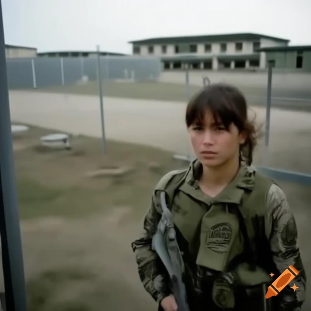 Young woman soldier guarding fenced terrain with barracks on Craiyon