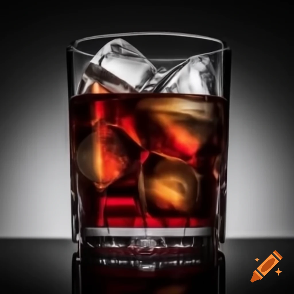 Drink glass filled with ice and deep maroon liquid on Craiyon