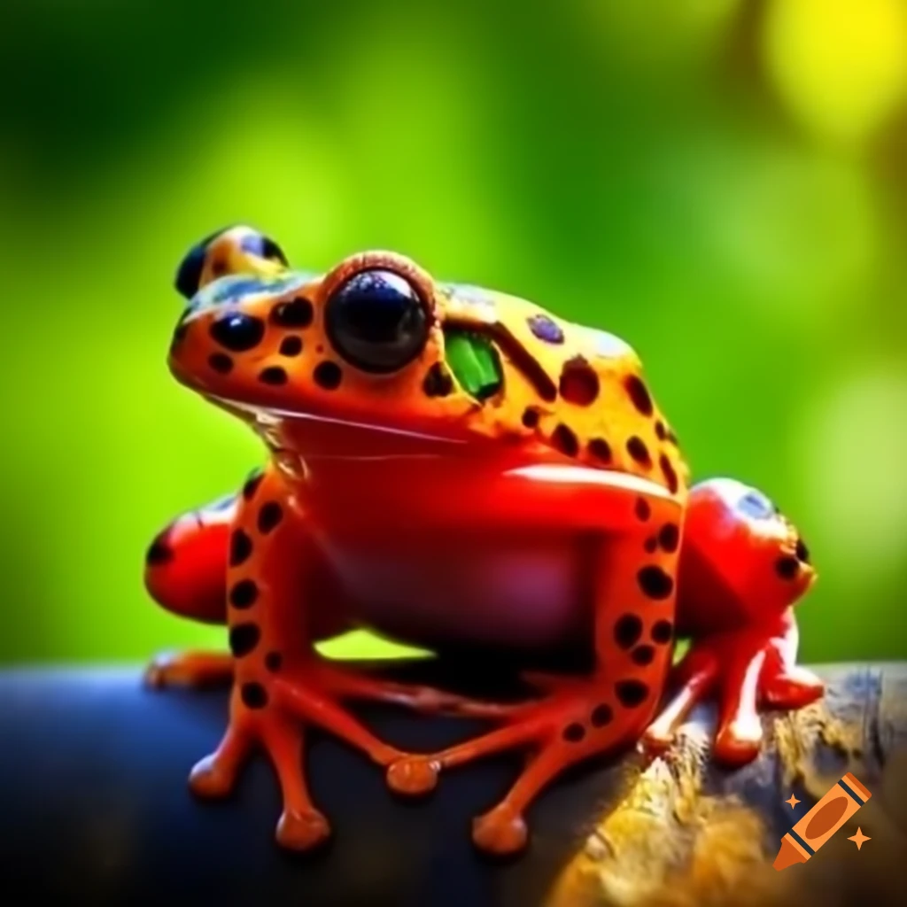 Scarlet and cherry red leopard frog with emerald spots basking in ...