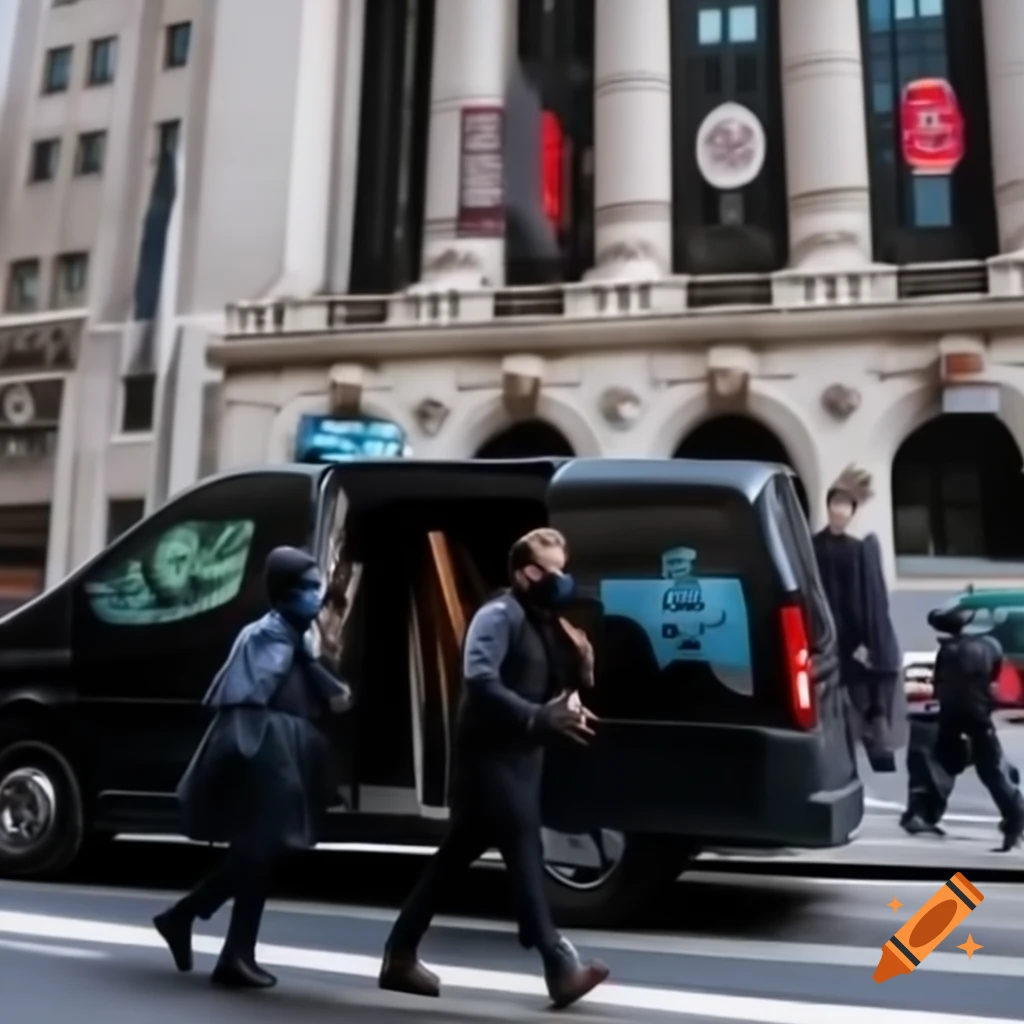 Masked robbers exiting van in front of grand bank in busy city on Craiyon
