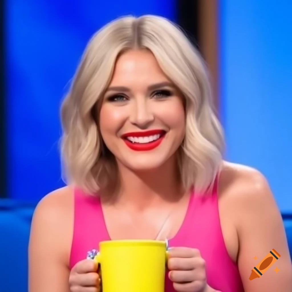 Smiling Caucasian TV presenter with blonde bobbed hair and red lipstick ...