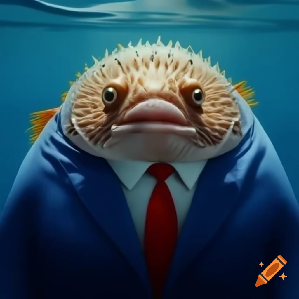 Caricature of Donald Trump as a pufferfish wearing a suit and tie on ...
