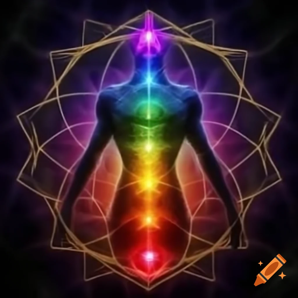 Colorful depiction of 7 chakra gates within human body with sacred ...