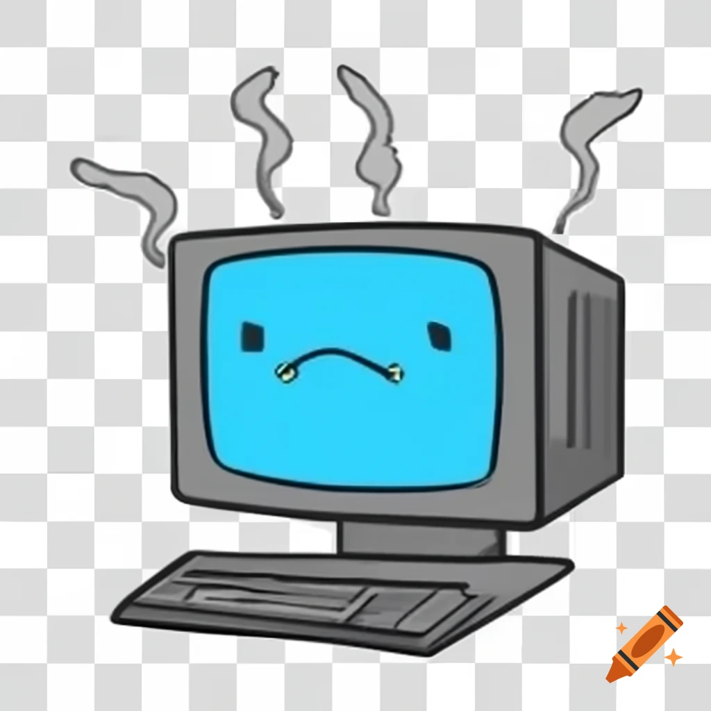 2D clipart of CRT computer monitor with sad face and smoke on Craiyon