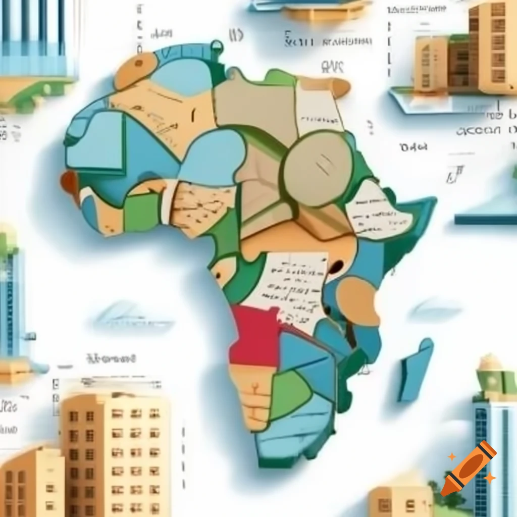 Map of Africa featuring business buildings and digital innovations with ...