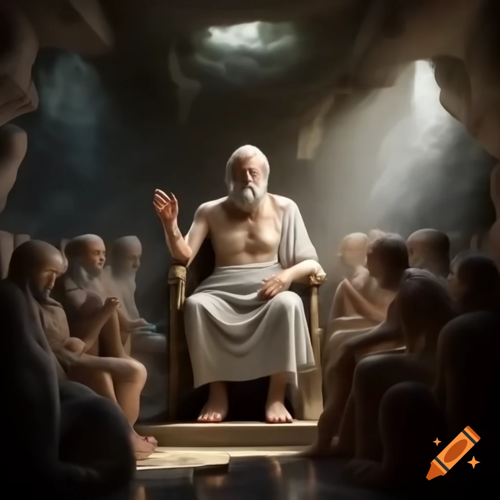 Socrates gesturing in cave to disciples, depicting allegory of ...