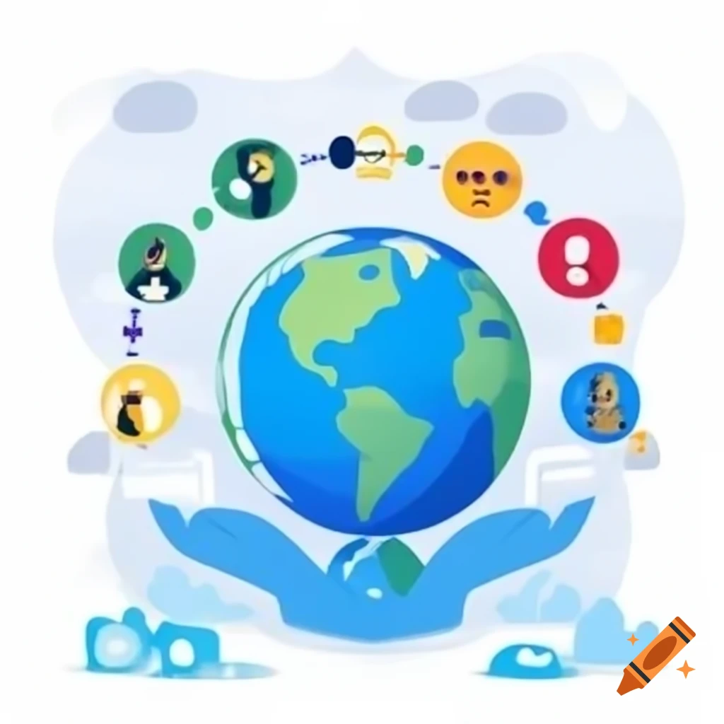 Large globe symbolizing global issues surrounded by icons for climate ...