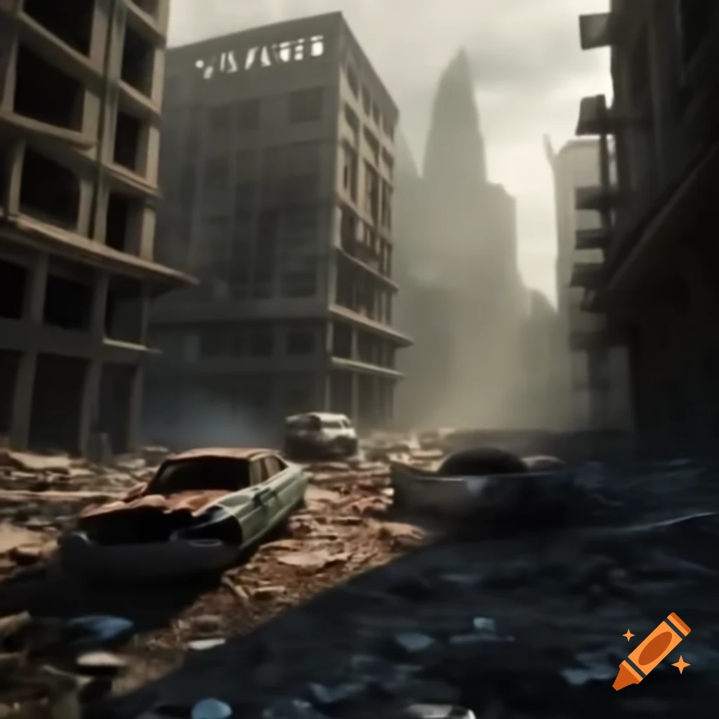 Desolate landscape with wrecked cars and crumbling buildings on Craiyon