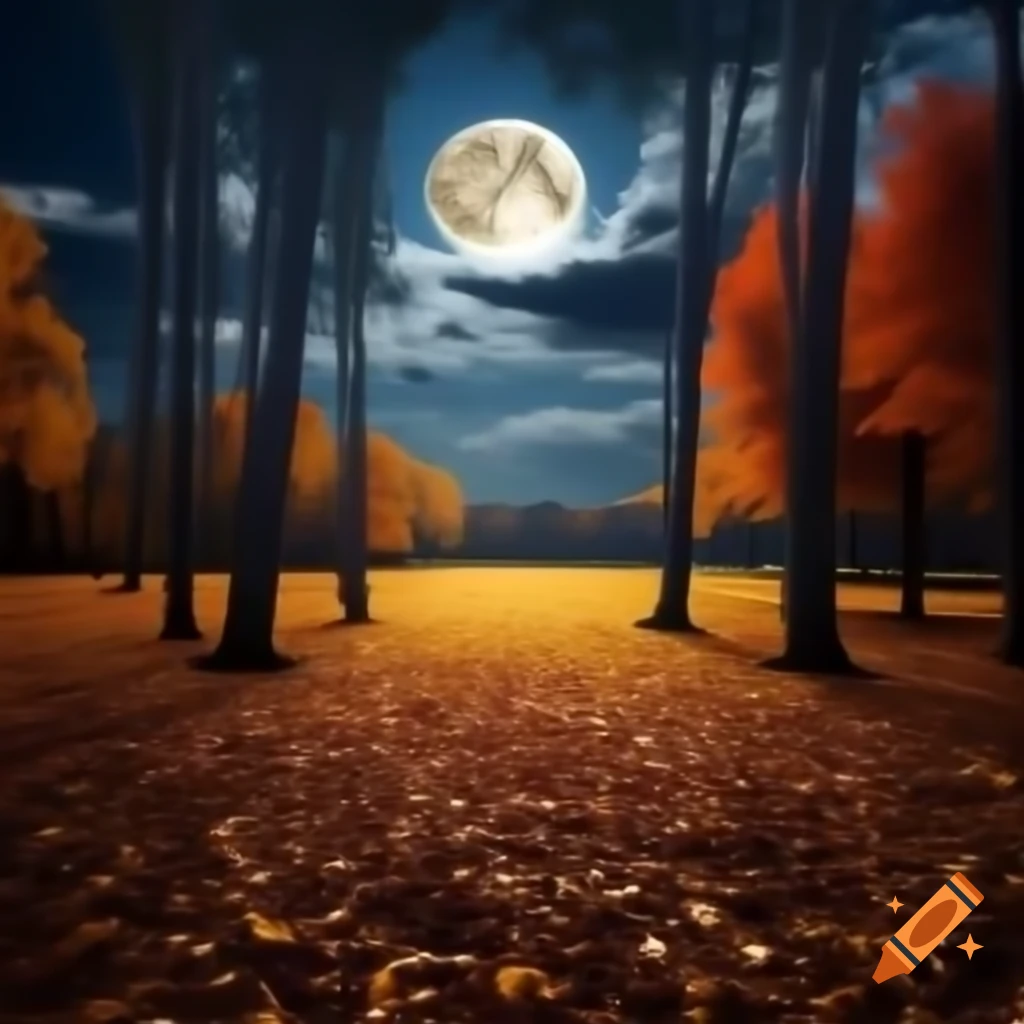 Landscape featuring fall foliage with trees and a full moon on Craiyon