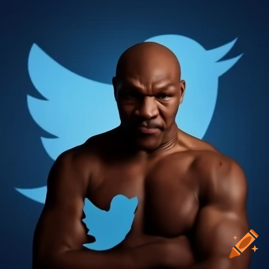 Mike Tyson posing with Twitter bird in a talk show setting on Craiyon