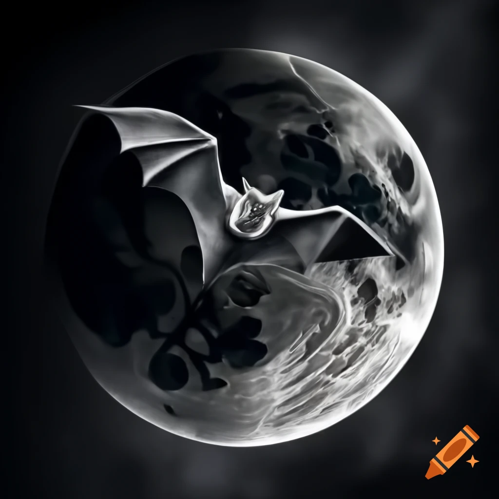 Realistic bat flying in front of the moon in a black and white linoleum ...