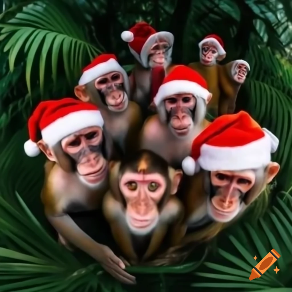 Monkeys wearing Santa hats posing in jungle for holiday photoshoot on Craiyon