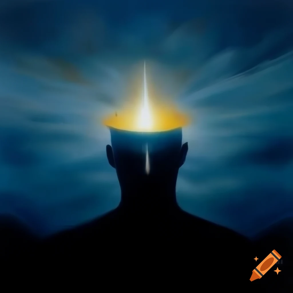 Oil painting with faceless man radiating light, divided into sections ...