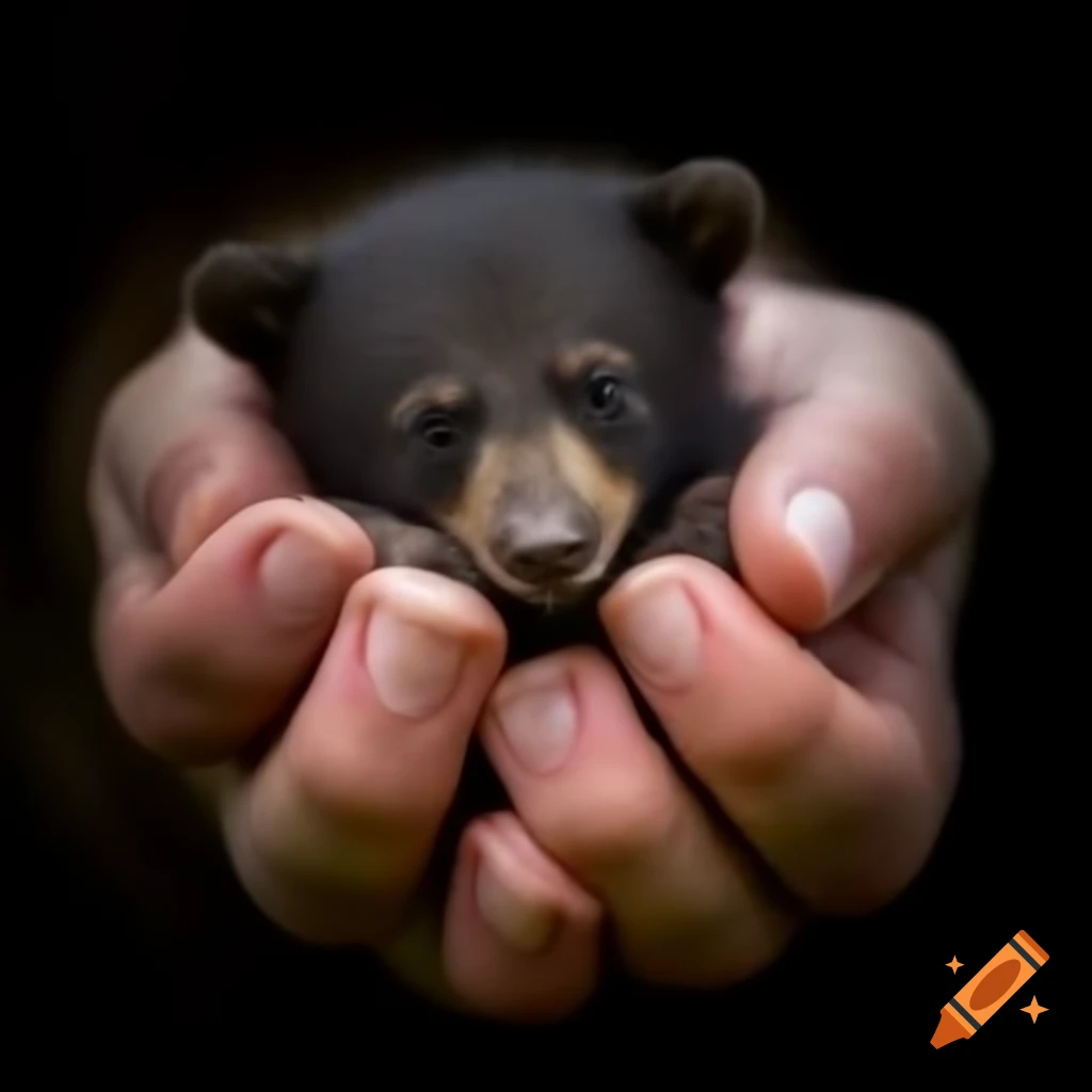 Bear cub resting on human hand, symbolizing warmth and intimacy on Craiyon