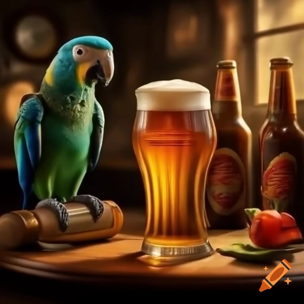 Vintage beer logo featuring parrot, casks, bottles, and a ship on Craiyon