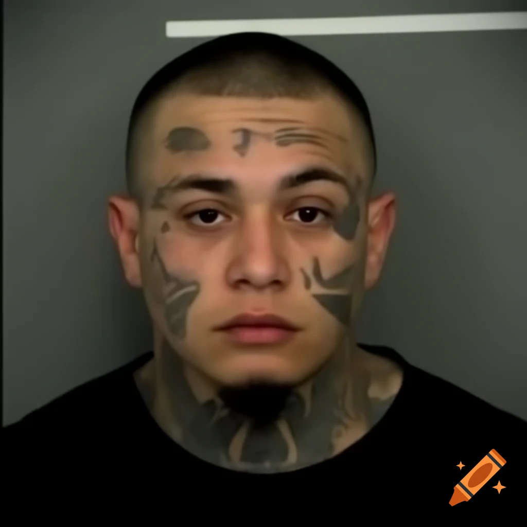 Mugshot of a criminal with facial tattoos and piercings on Craiyon