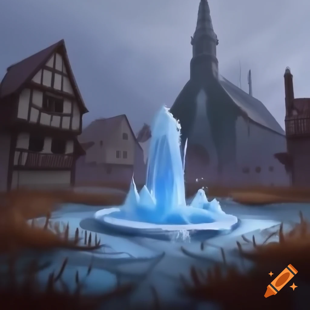 Icy frozen fountain in abandoned town square with ice-covered church on ...