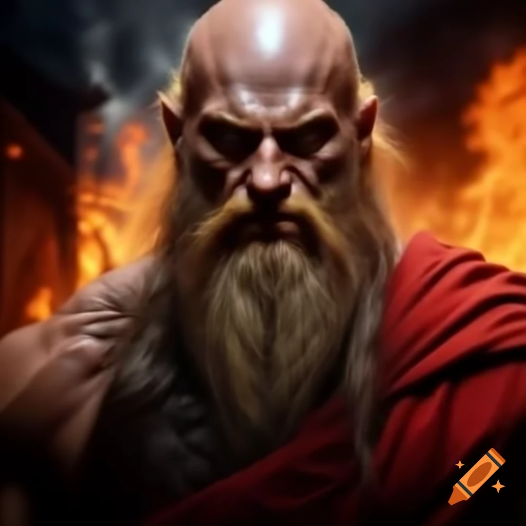 Bald goliath wizard in red robes surrounded by fire on Craiyon