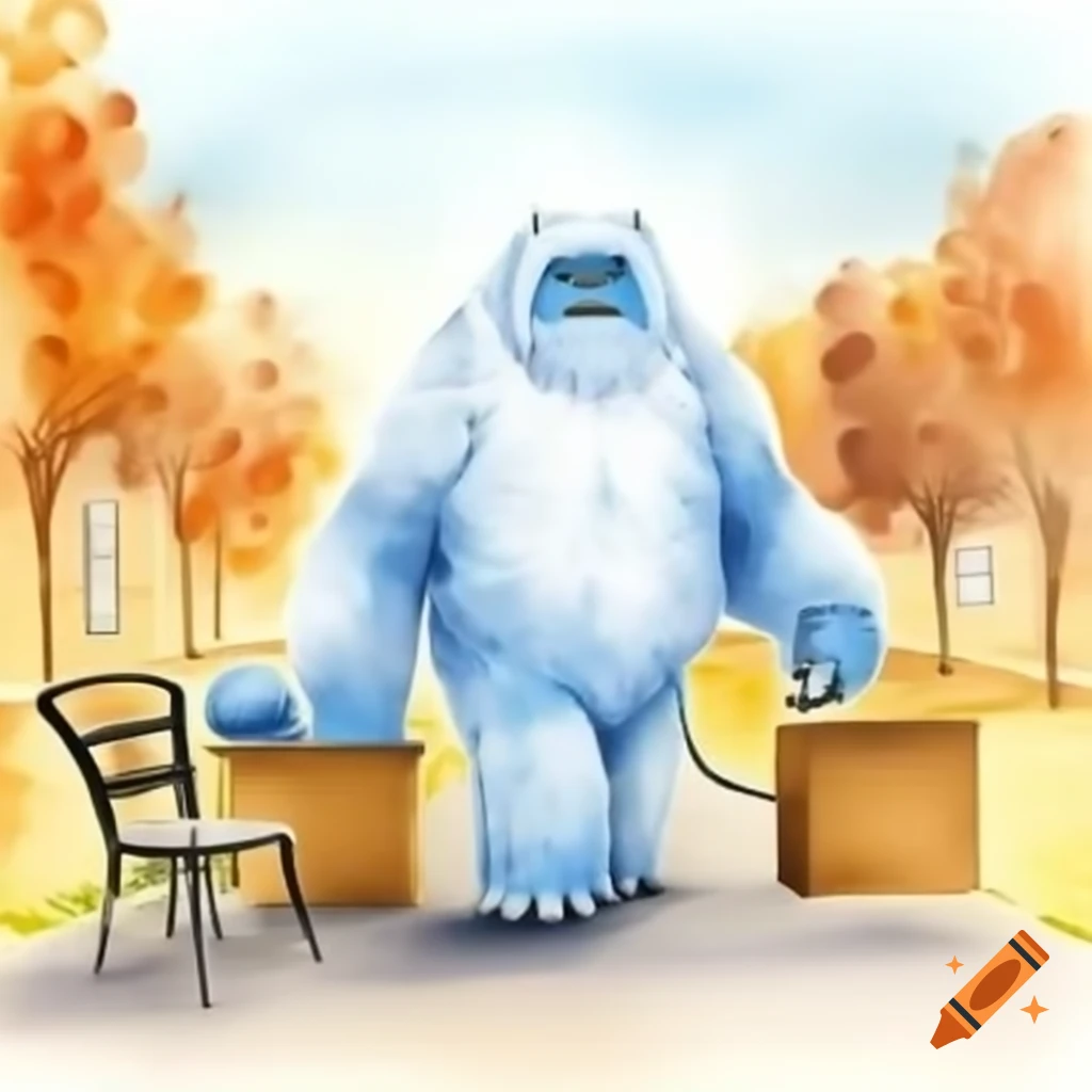 Yeti dragging boxes and chairs along a street in autumn on Craiyon