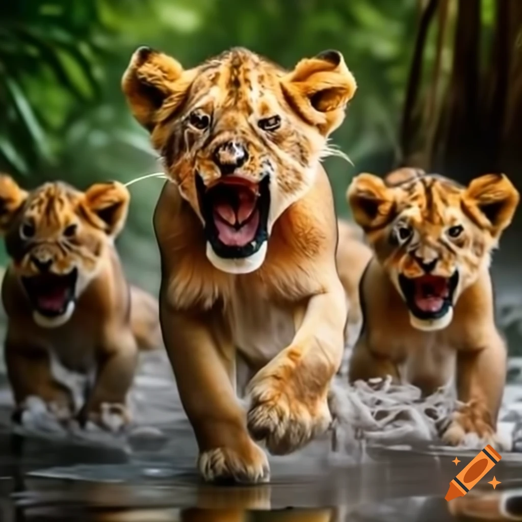 Lion cubs chasing small animals in jungle near water on Craiyon