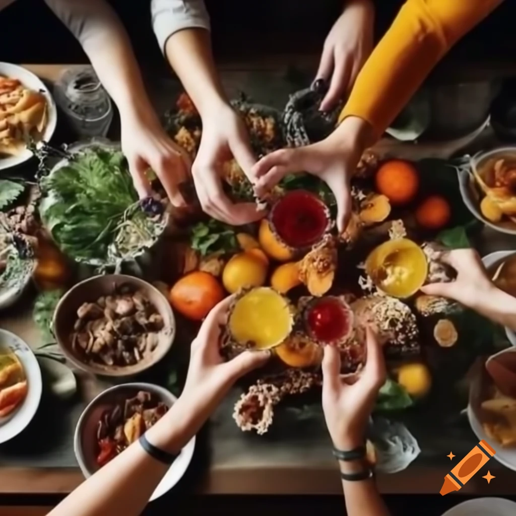 Thanksgiving dinner featuring various dishes and hands reaching for ...