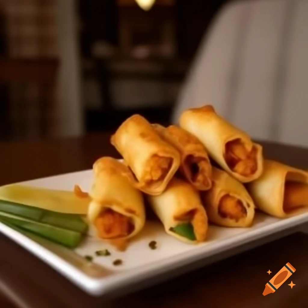 Delicious golden fried spring rolls on a plate on Craiyon