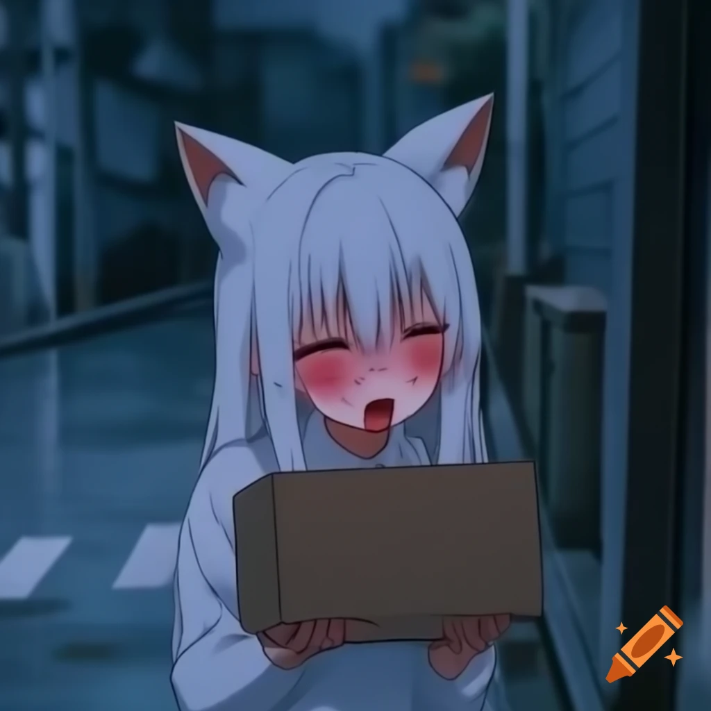 Anime kitsune girl with missing ear crying in box during rain in ...