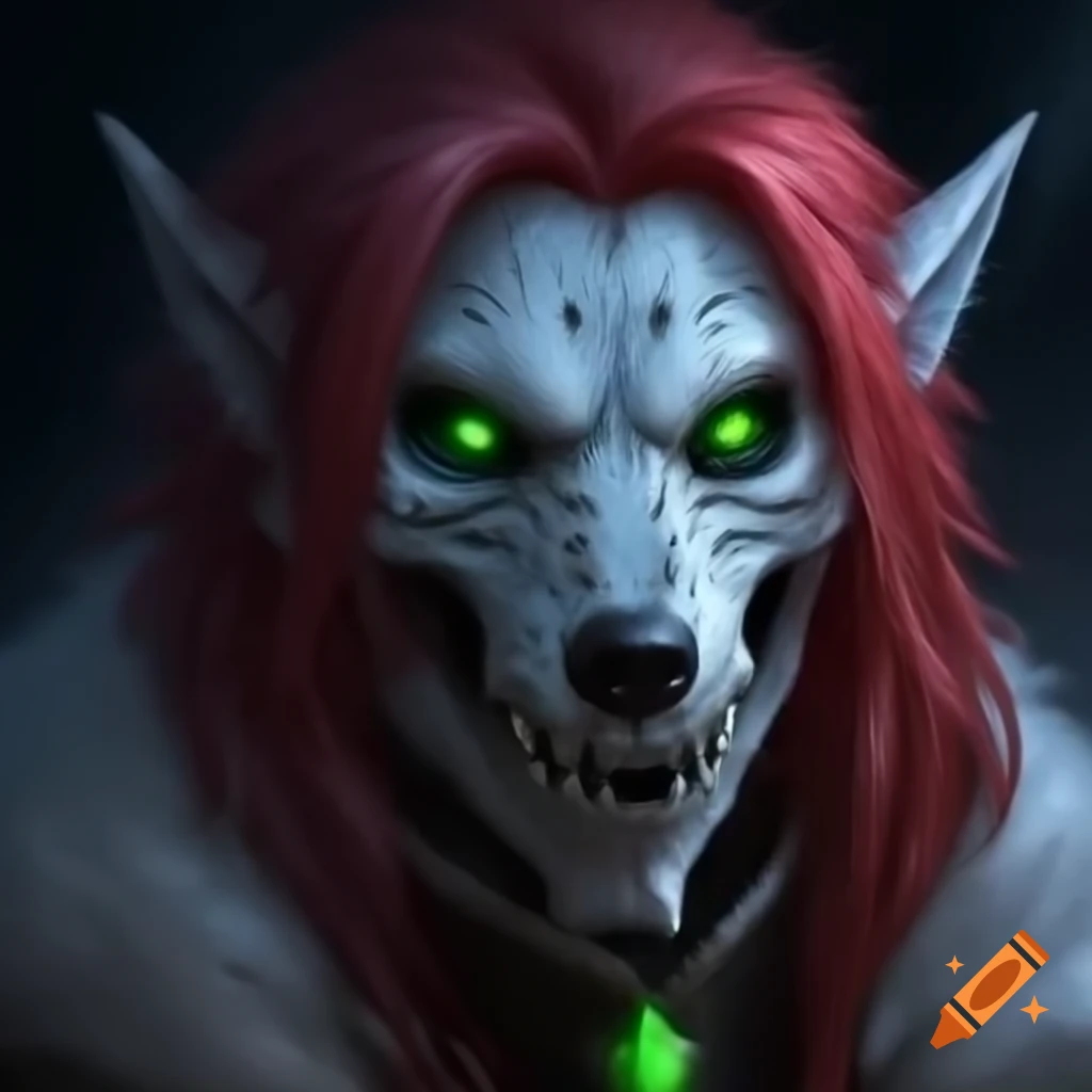 Realistic depiction of frosty undead wolf with crimson hair and green ...