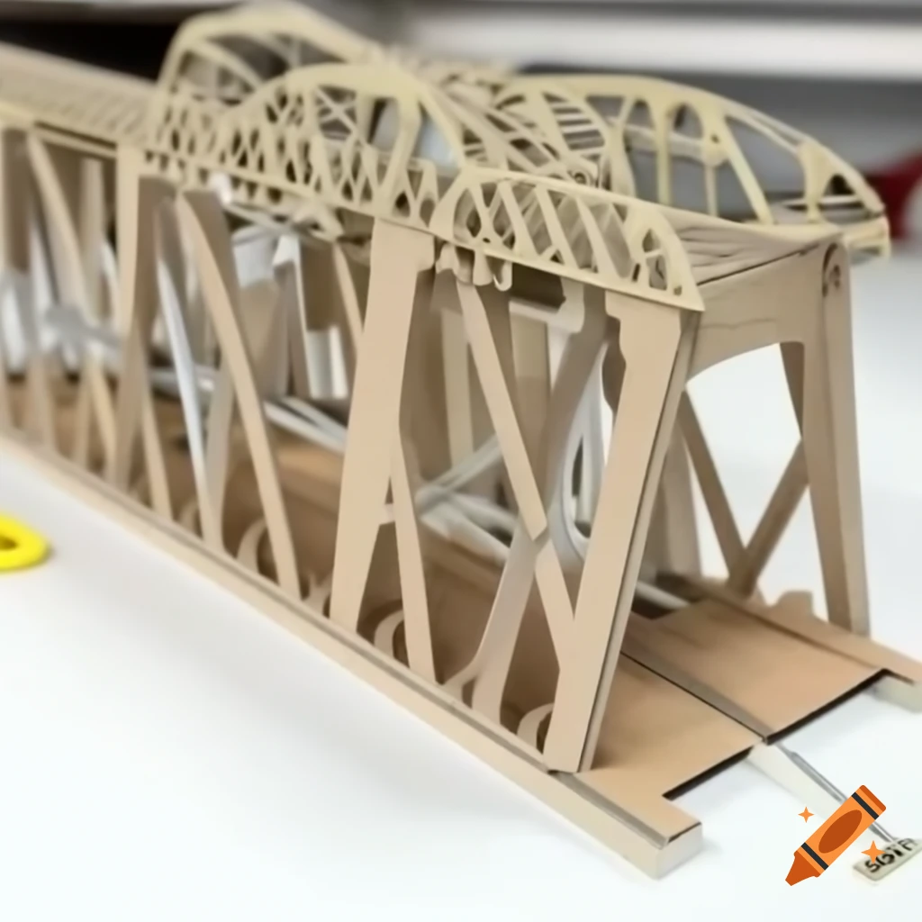 Complex model bridge made of cardboard tubes attached by elastics ...