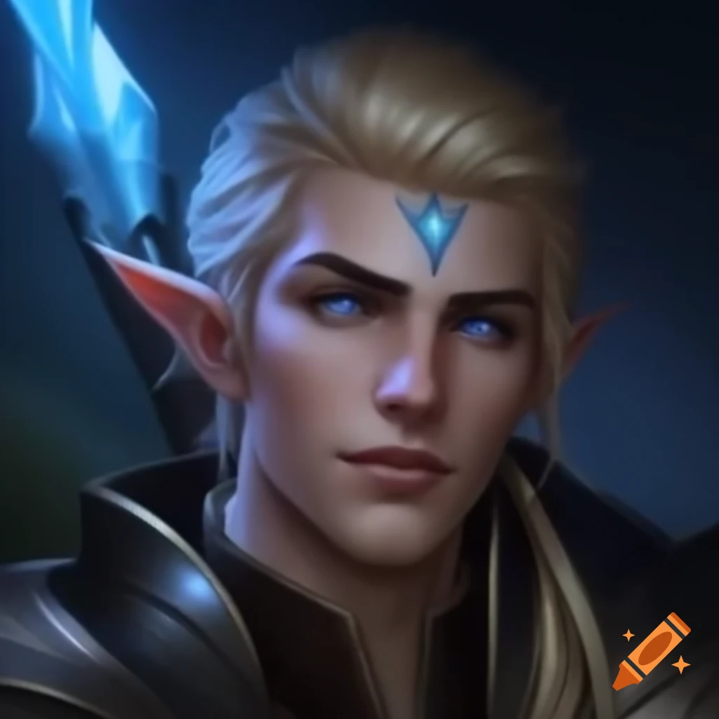 Male elven warrior with cyan tattoo over eye and silver-gold armor on Craiyon