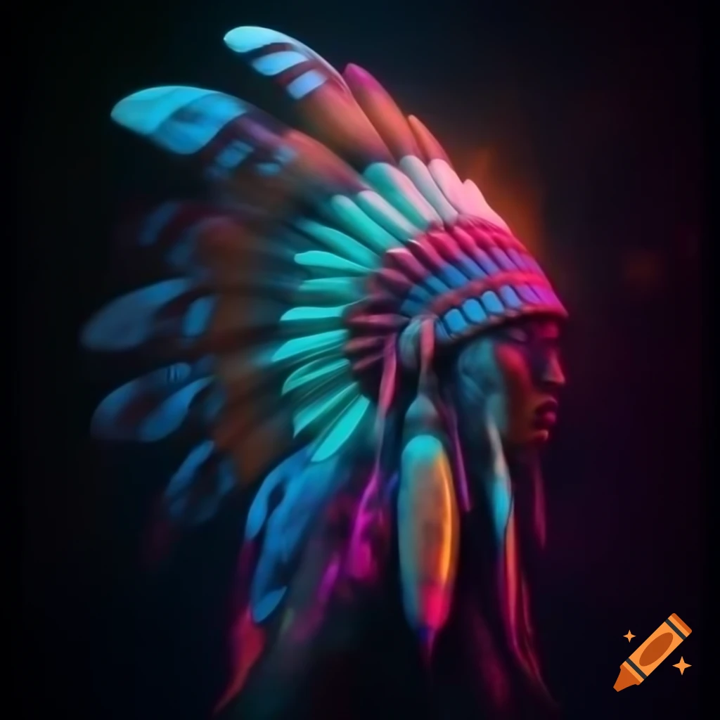 Vibrant neon illuminated Native American feather and star quilt design ...