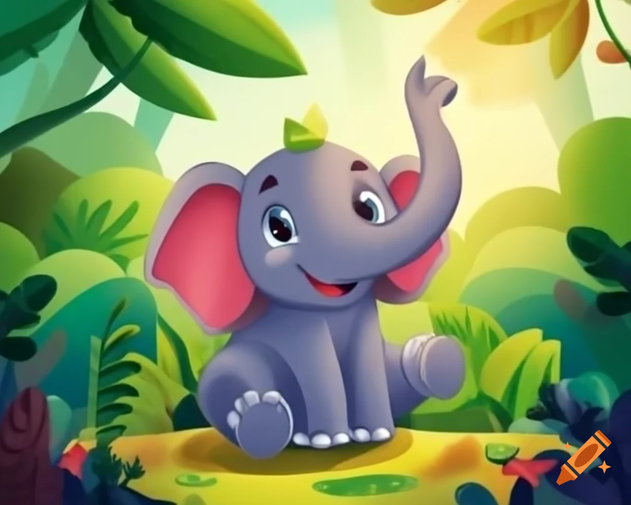 Friendly elephant waving trunk in a vibrant jungle setting on Craiyon