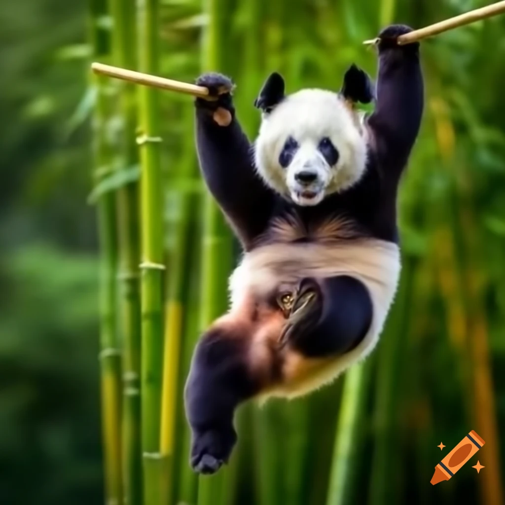 Playful panda falling from bamboo tree onto soft bushes, focused on its ...