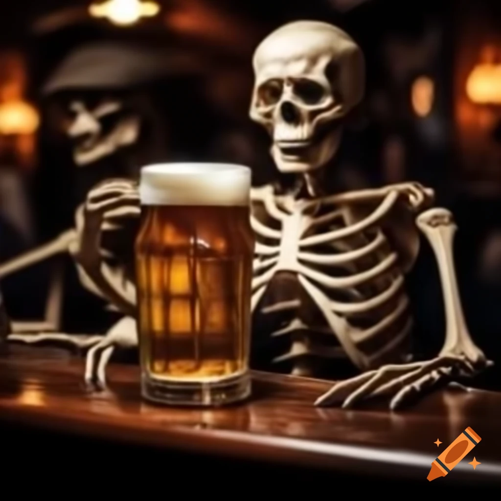 Skeletons enjoying beer from steins in a 16th century English pub on ...